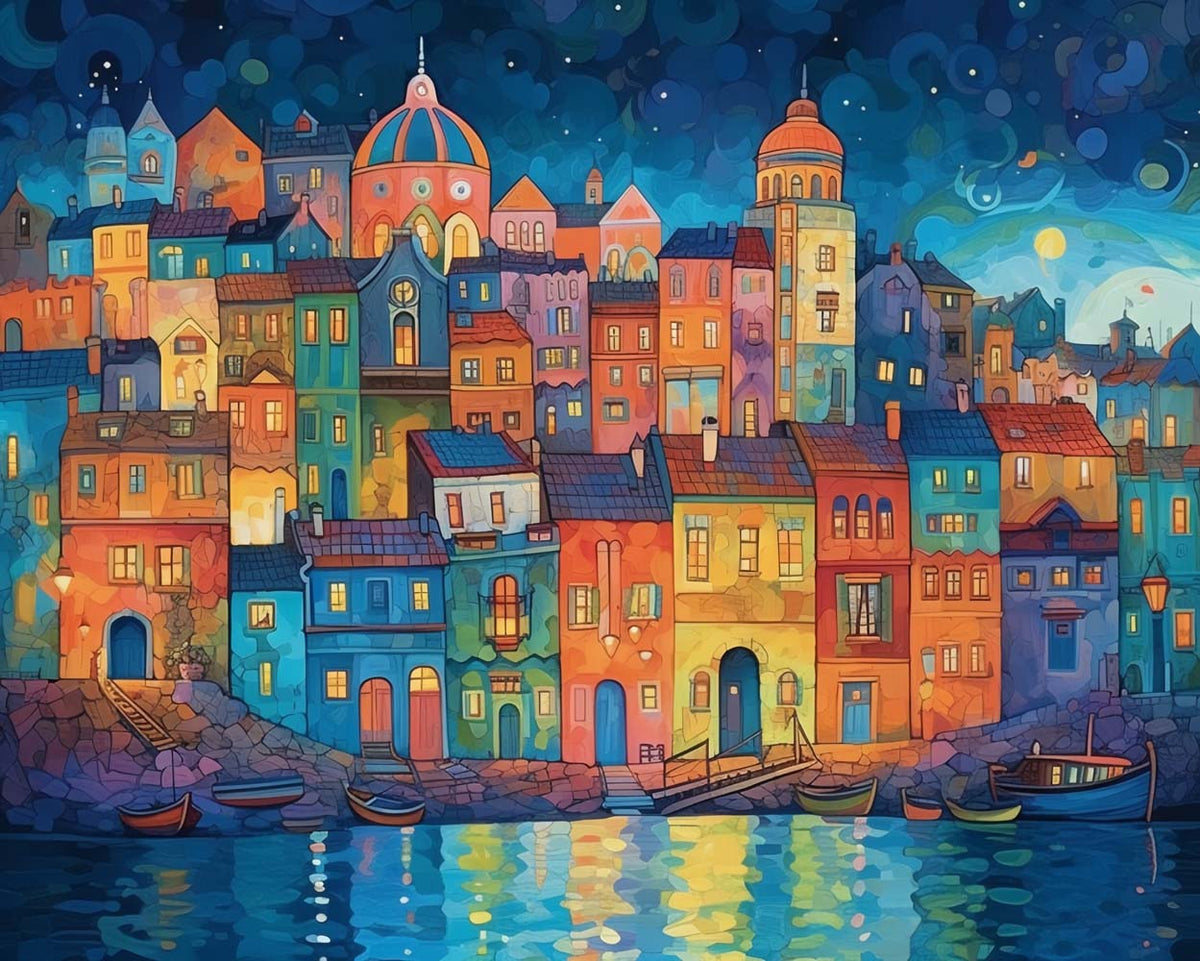 Paint by Numbers Cartoon Buildings by the Sea – Happyforart.com