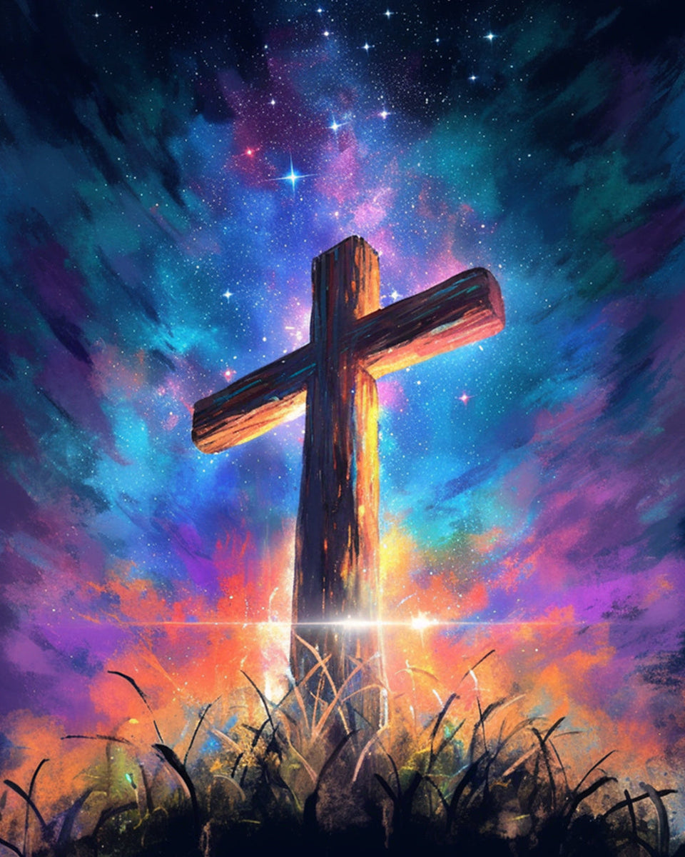 Paint by Numbers Giant Cross under the Dreamy Starry Sky – Happyforart.com