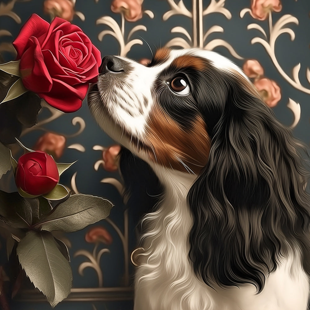 Paint by Numbers King Charles Spaniel and Red Rose – Happyforart.com