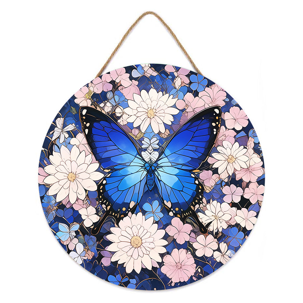 Blue Butterfly among the Flowers - Paint by Numbers on Wood Slice ...