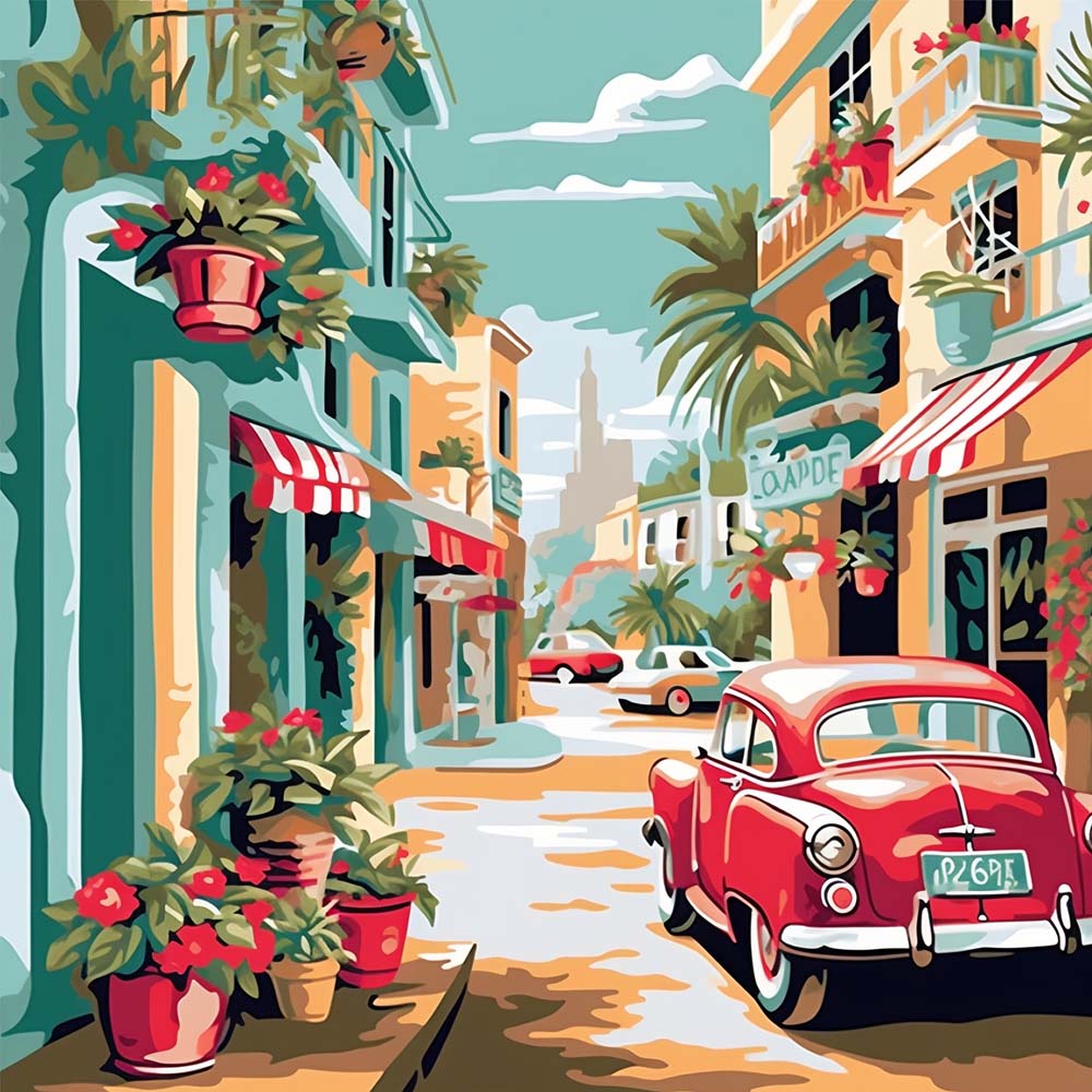 Paint by Numbers Red Cartoon Car on the Street – Happyforart.com